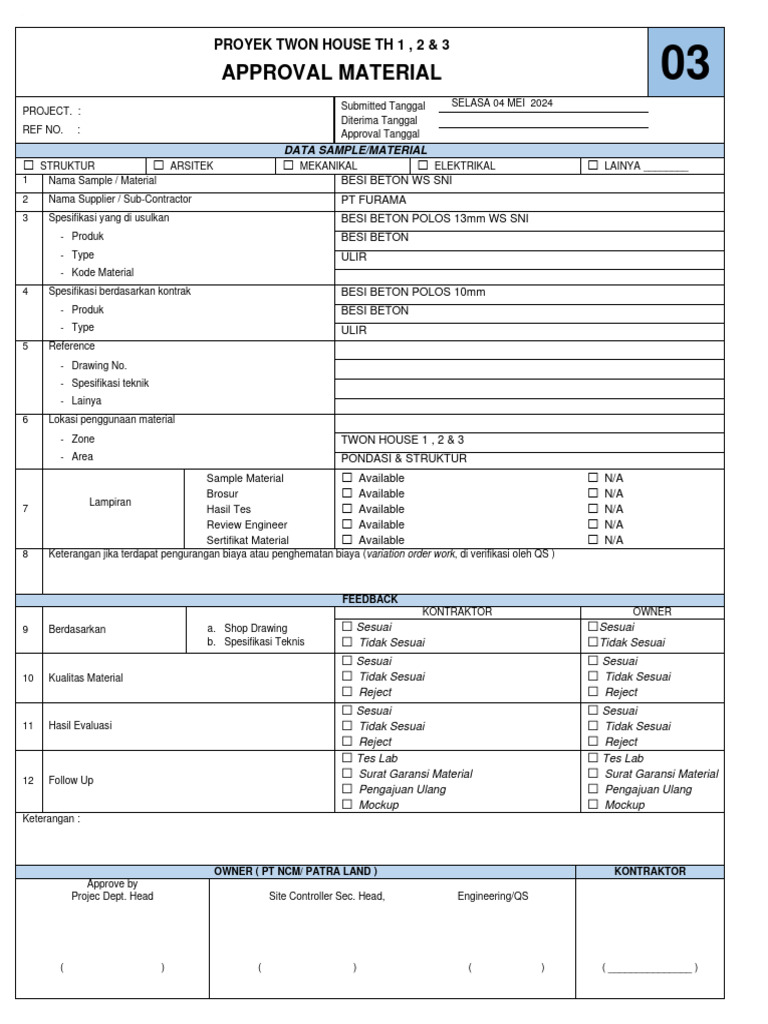 Persetujuan Material Proyek Twon House | PDF