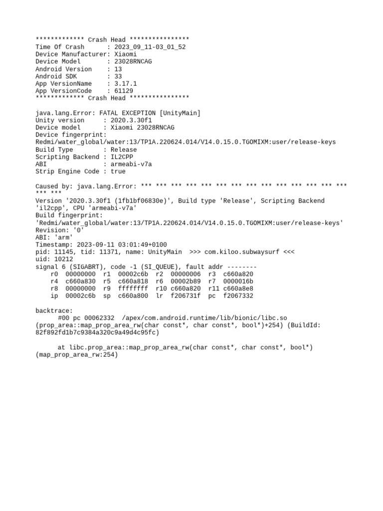 Xiaomi Crash Report for Unity App | PDF