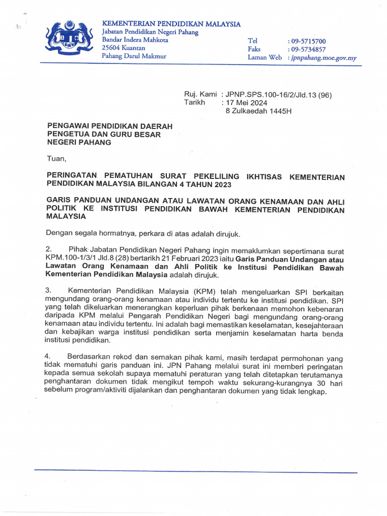 Peringatan Pematuhan Surat Pekeliling Ikhtisas KPM Bil 4 Tahun 2023 | PDF Peringatan Pematuhan Surat Pekeliling Ikhtisas KPM Bil 4 Tahun 2023 | PDF
