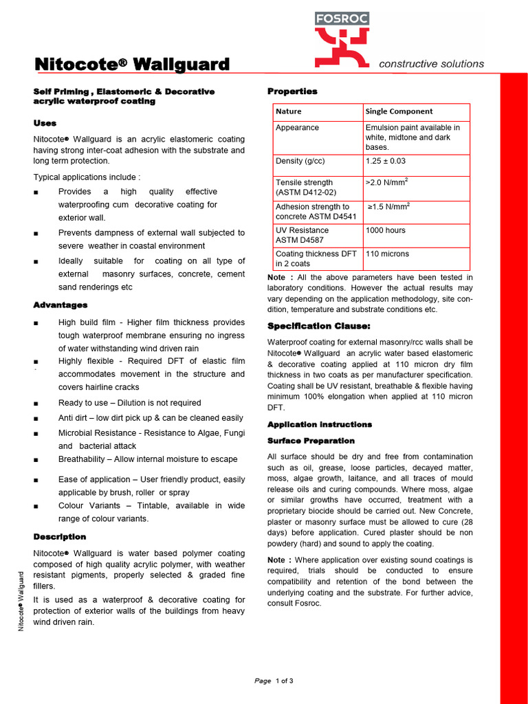 TDS Nitocote-Wallguard India | PDF | Coating | Concrete