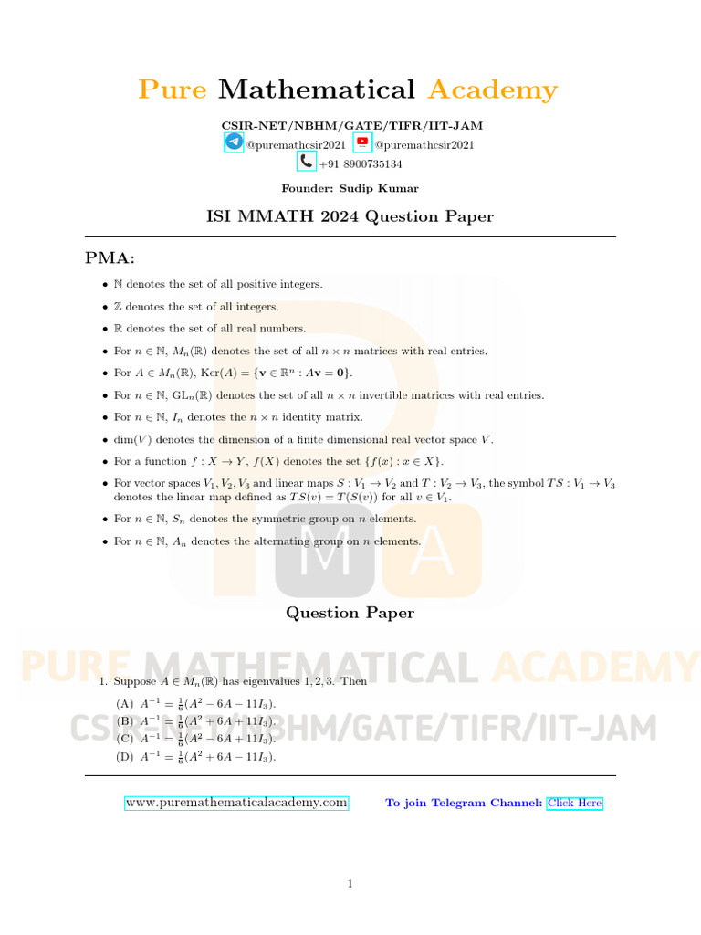 ISI MMath 2024 Question | Download Free PDF | Matrix (Mathematics ...