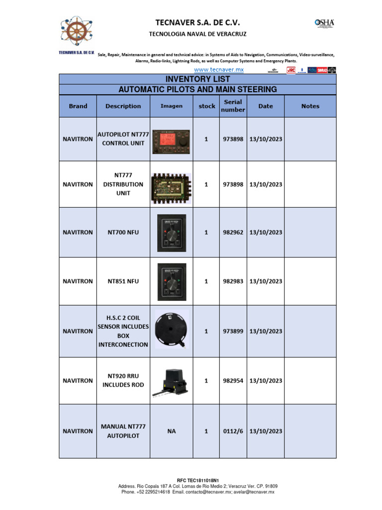 Navitron Autopilot Inventory List | PDF | Systems Engineering | Aviation