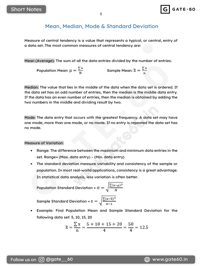 Mean Median Mode And Standard Deviation Gate60 Short Notes 1 Pdf