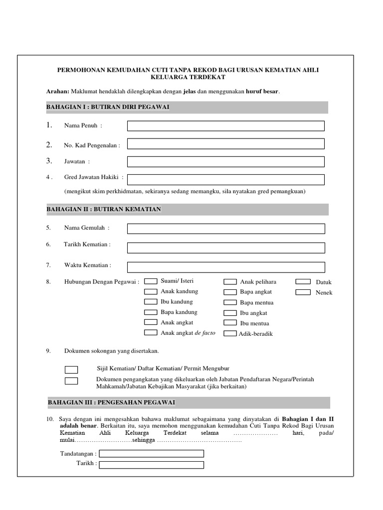 Borang Cuti Tanpa Rekod Urusan Kematian | PDF