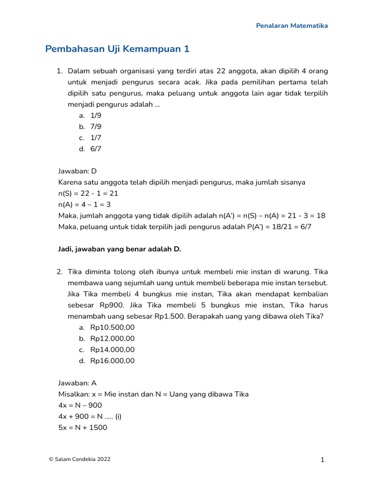 Penalaran Matematika Uji Kemampuan 1 Pembahasan | PDF