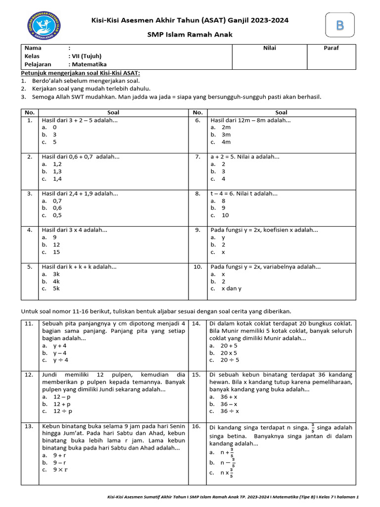 Kisi-Kisi ASAT Matematika Kelas 7 (Tipe B) TP. 2023-2024 | PDF