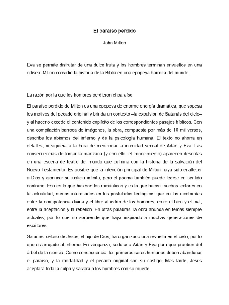 El paraíso perdido (resumen) | PDF | Satán | paraíso perdido