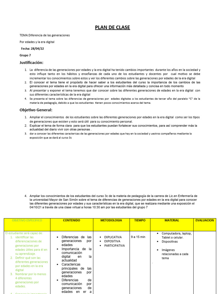 PLAN DE CLASE DIFERENCIA DE GENERACIONES POR EDADES 3b | Descargar ...