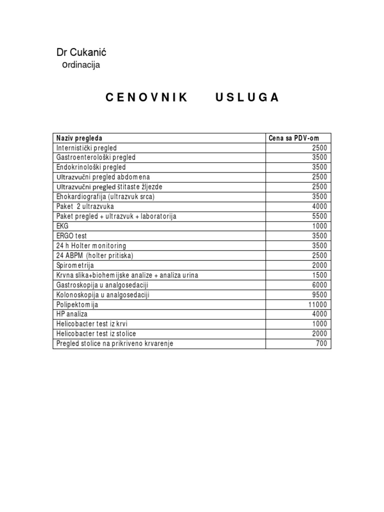 Cenovnik DR Cukanic | PDF