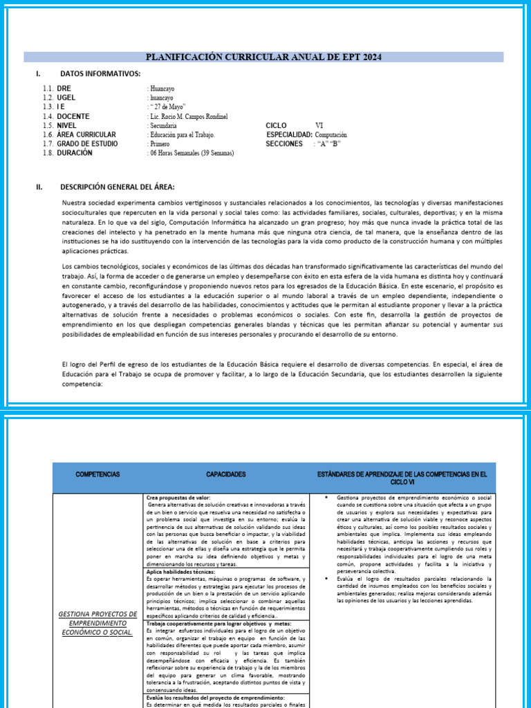 Plan Anual Ept 1° Sec 2024 | PDF | Aprendizaje | Evaluación