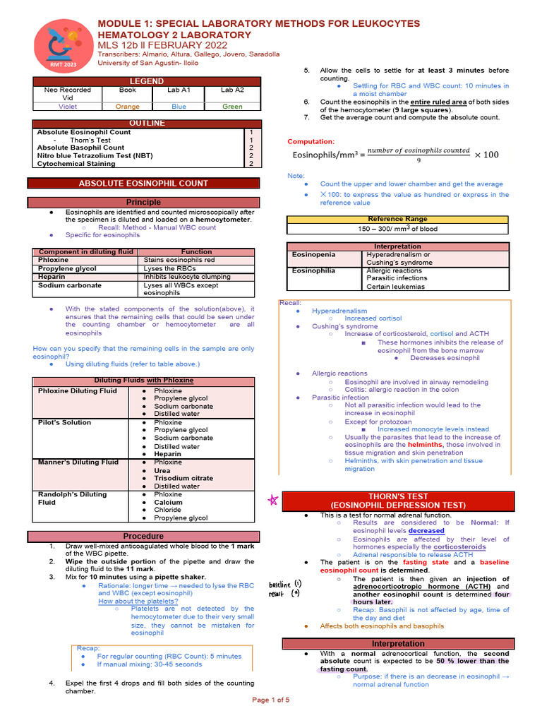 HM2lab1 Special Laboratory Methods For WBC | PDF | White Blood Cell ...