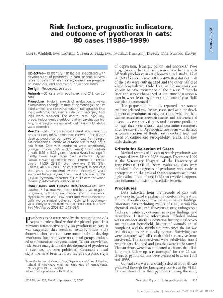 Risk factors, prognostic indicators, and outcome of pyothorax in cats ...