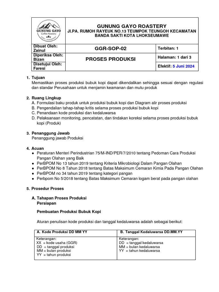 MF-SOP-02-Proses Produksi - GGR | PDF