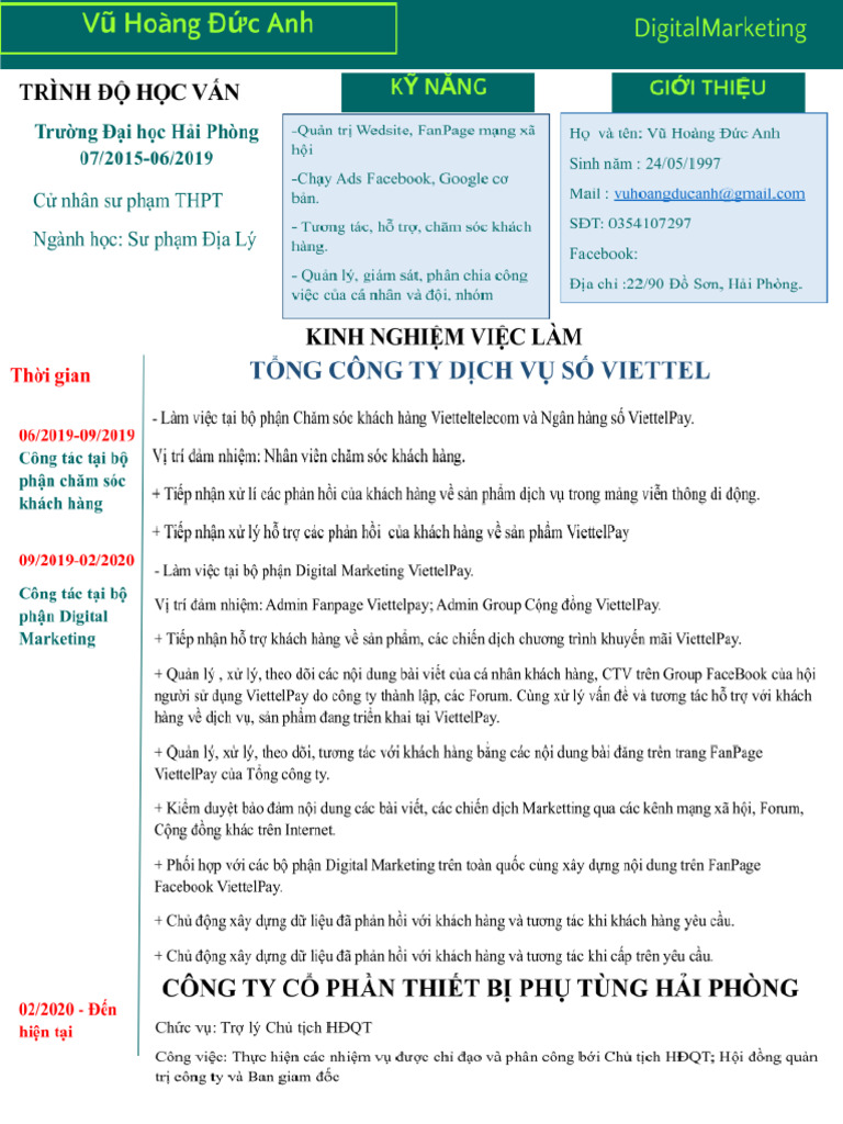 CV ứng tuyển vị trí nhân viên Seeding Vũ Hoàng Đức Anh | PDF