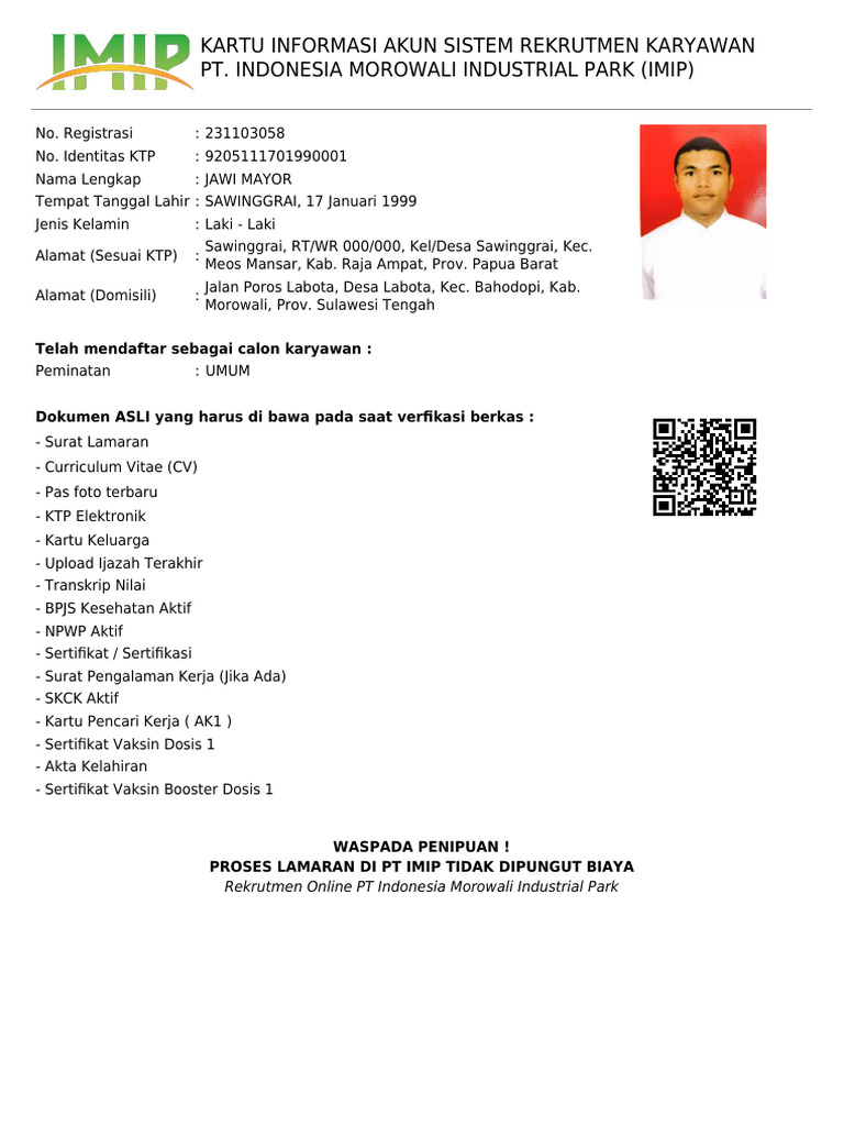 Contoh Form Registrasi Imip | PDF