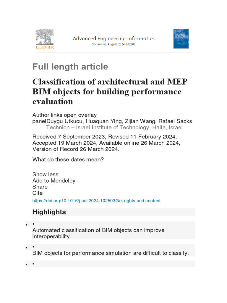 1 Classification Of Architectural And Mep Bim Objects For Building Performance Evaluation Pdf 