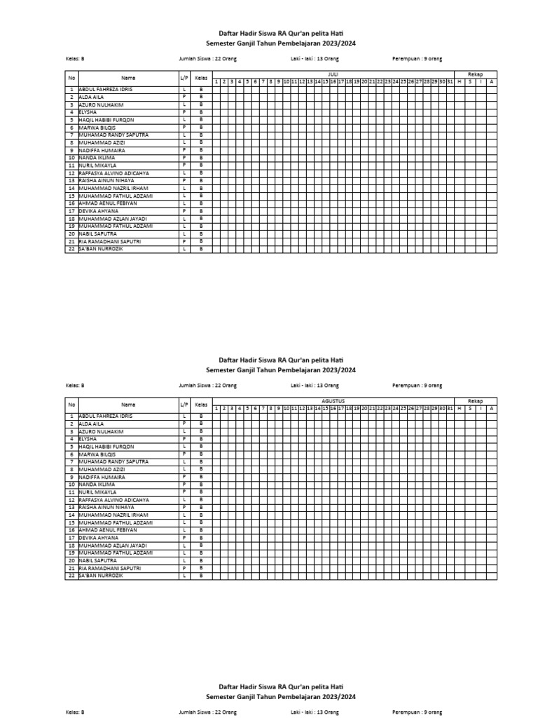 Absen RA Kelas B | PDF
