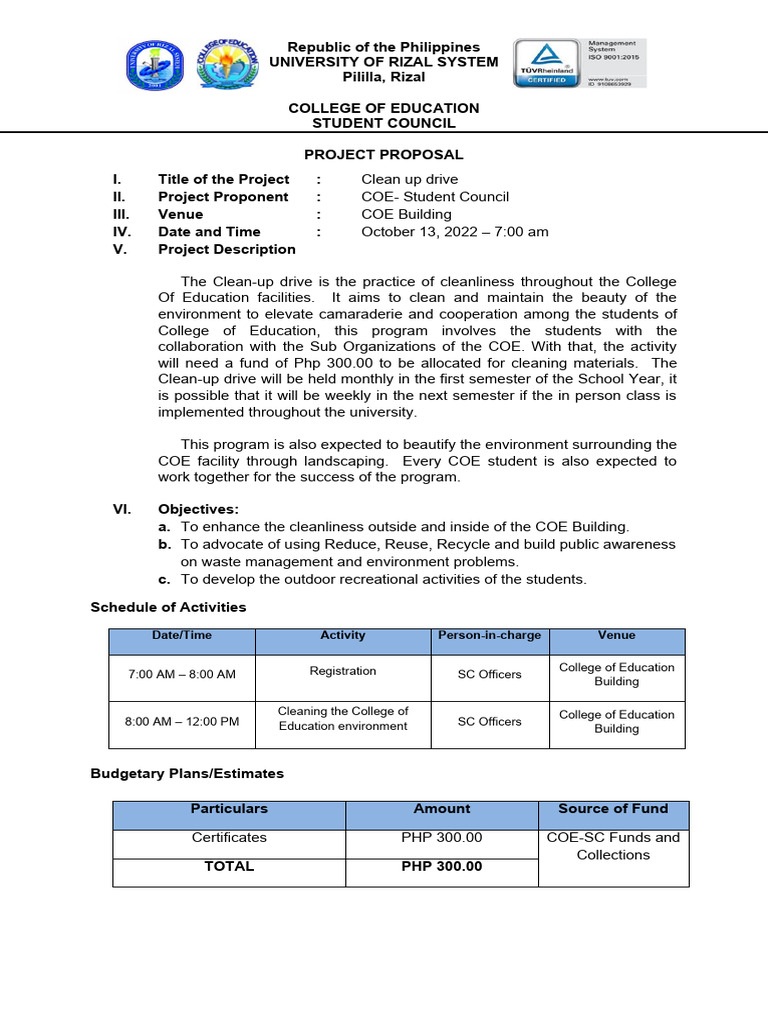 COE SC CLEAN UP DRIVE 2022 2023 ProjectProposal | PDF | Economy And The Environment