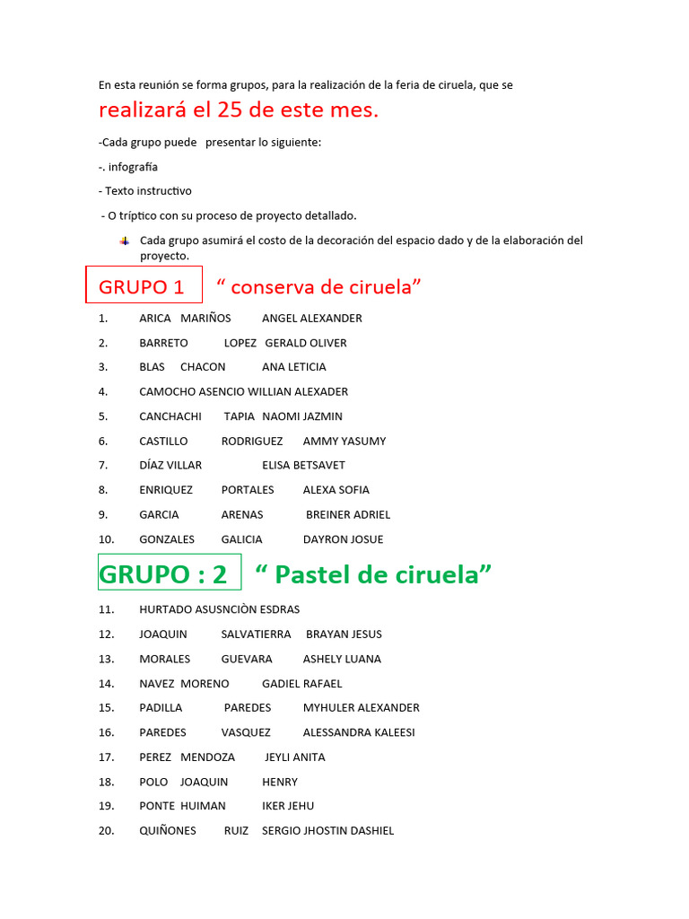 Grupos Ferìa de Ciruela. | PDF