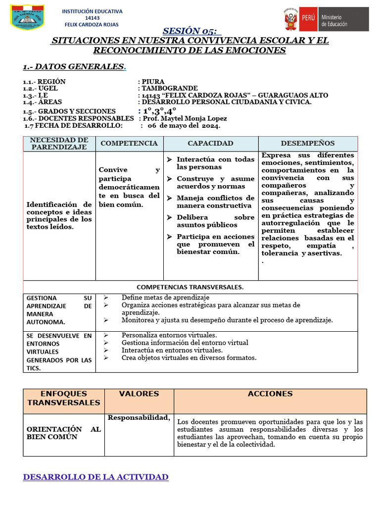 Sesion de Veedurias Convivencia Escolar 1 4to DPCC | PDF | Las emociones | Aprendizaje