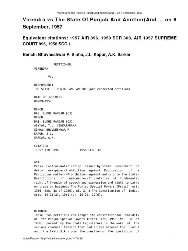 Virendra Vs The State of Punjab and Another and On 6 September 1957 | PDF | Partition Of India ...