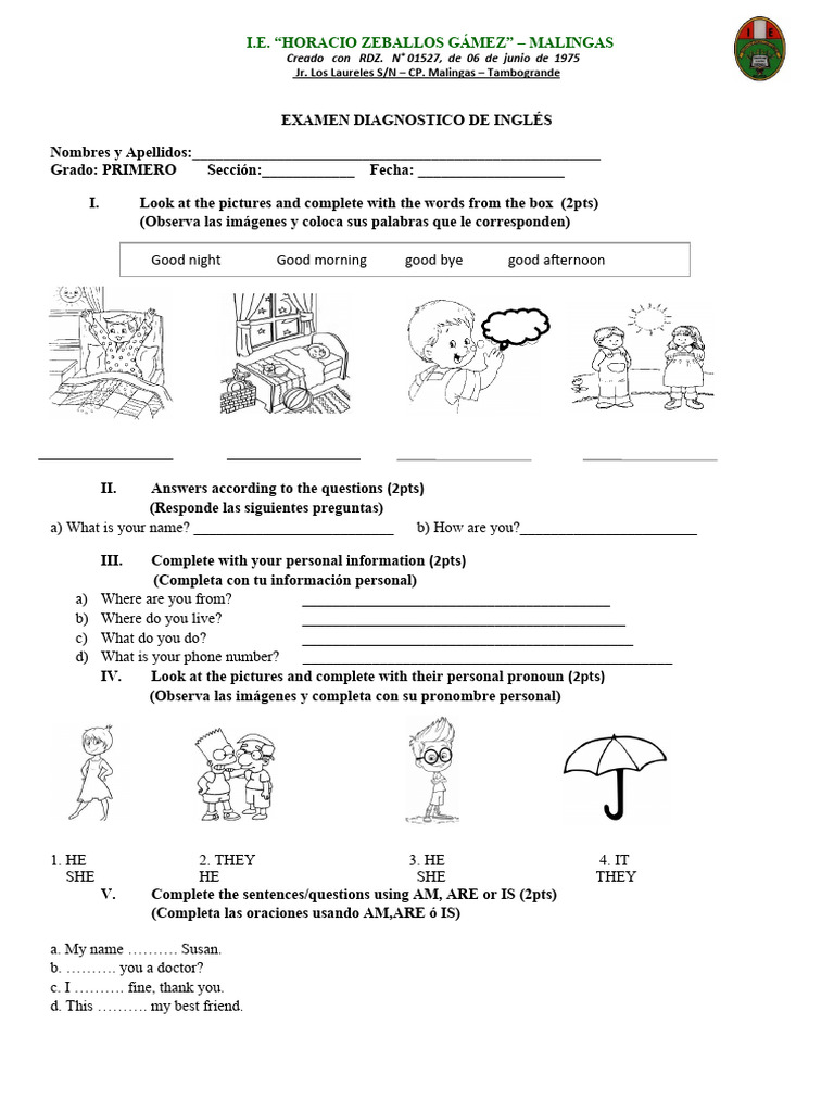 Examen Diagnóstico de Inglés Primaria | PDF | Artes del Lenguaje y ...