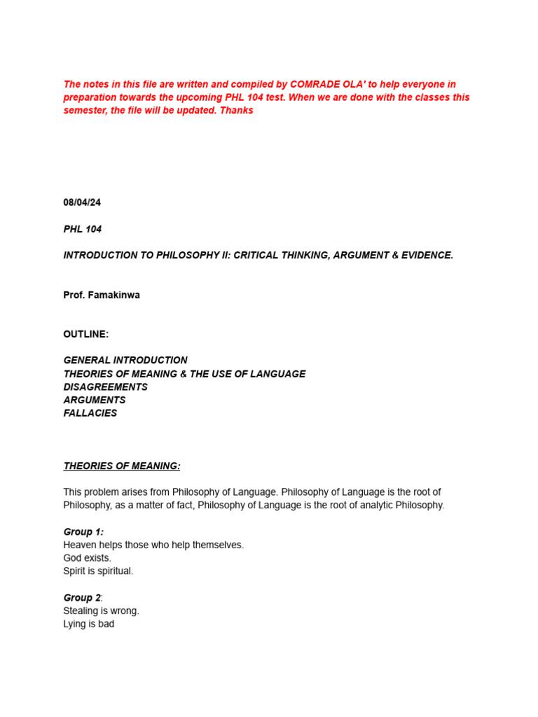 Comrade Ola's PHL 104 Compiled Notes | PDF | Definition | Theory Comrade Ola's PHL 104 Compiled Notes | PDF | Definition | Theory