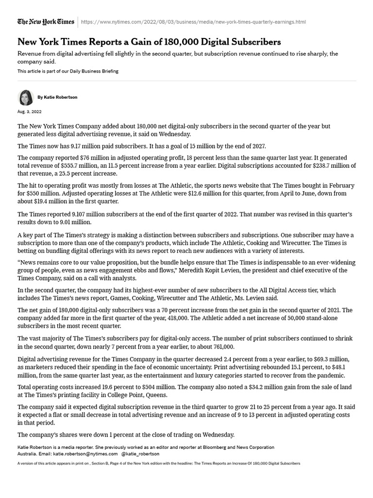 NYT Gains 180K Digital Subscribers | PDF | Subscription Business Model ...