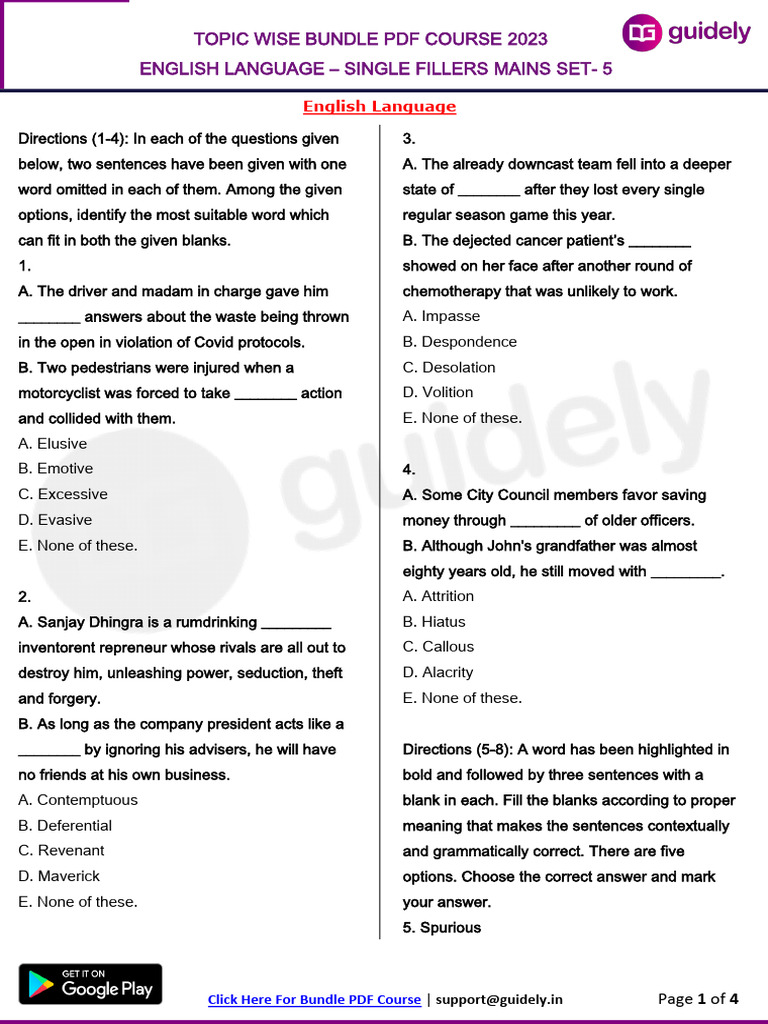 Single Fillers - Choose Appropriate Preposition Set-5 (Mains) | PDF ...