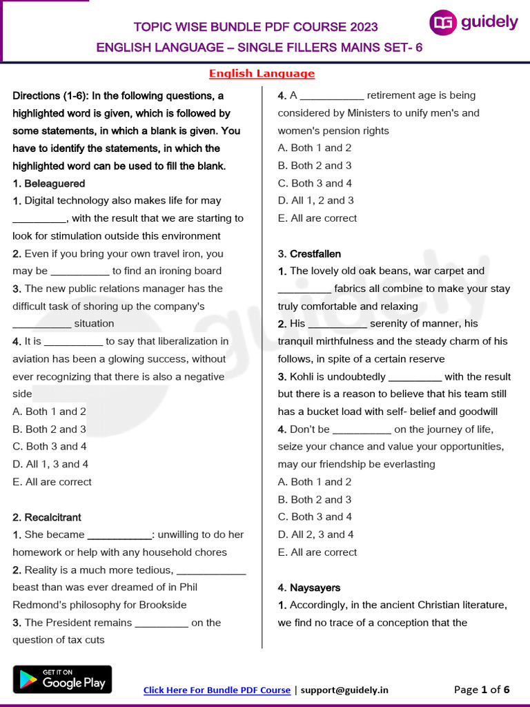 Single Fillers - Choose Appropriate Preposition Set-6 (Mains) | PDF ...