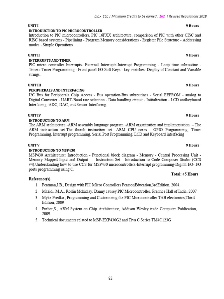 Unit I 9 Hours Introduction To Pic Microcontroller: B.E.-EEE - Minimum Credits To Be Earned ...