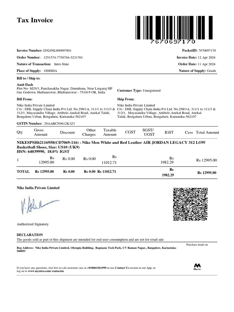 Nike Shoes & Myntra Service Invoice | PDF | Nike | Bangalore