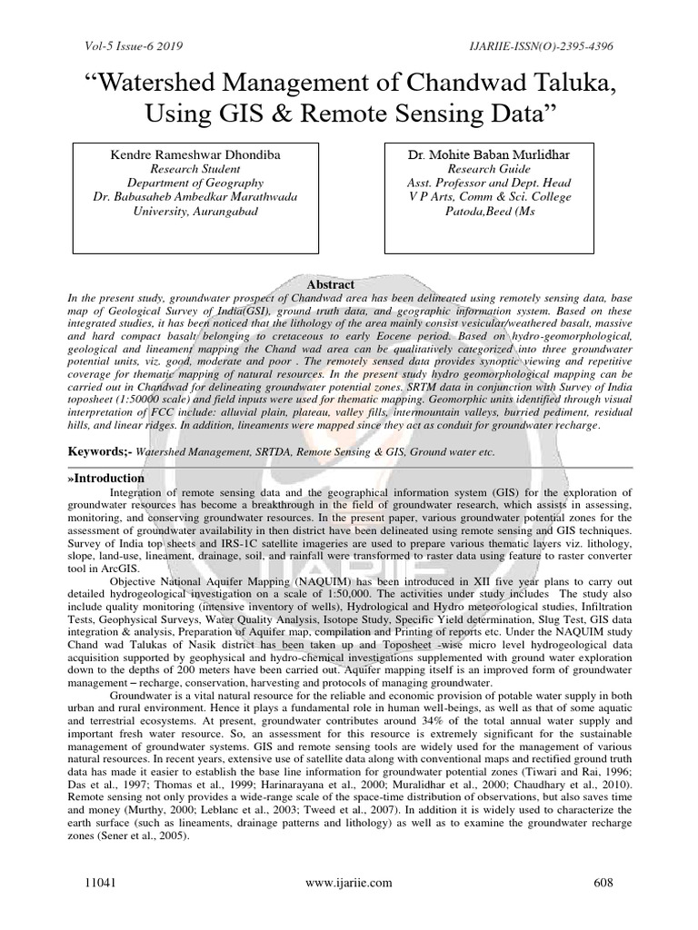 "Watershed Management of Chandwad Taluka Using GIS Remote Sensing Data ...