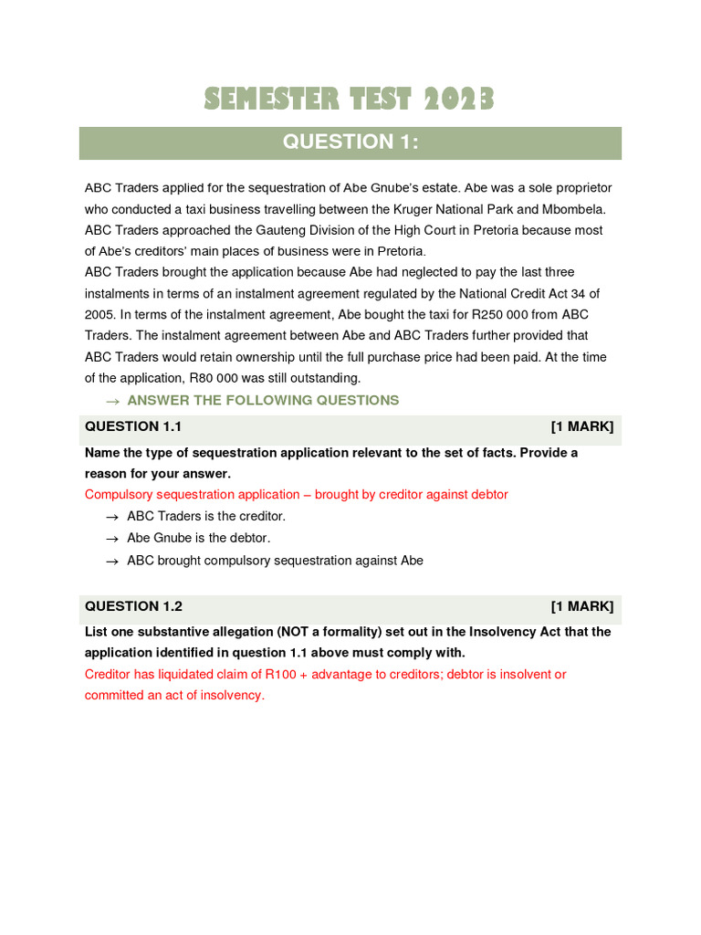 Isr Semester Test 2023 Q & A | PDF | Bankruptcy | Insolvency