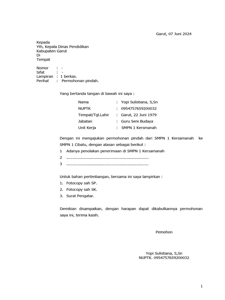 Contoh Format Usul Pindah Tugas | PDF