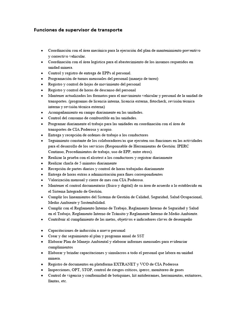 Funciones de supervisor de transporte | Descargar gratis PDF | Logística