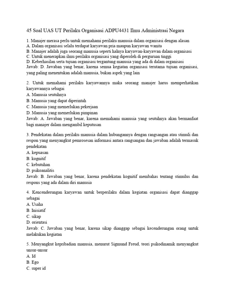 45 Soal UAS UT Perilaku Organisasi ADPU4431 Ilmu Administrasi Negara | PDF