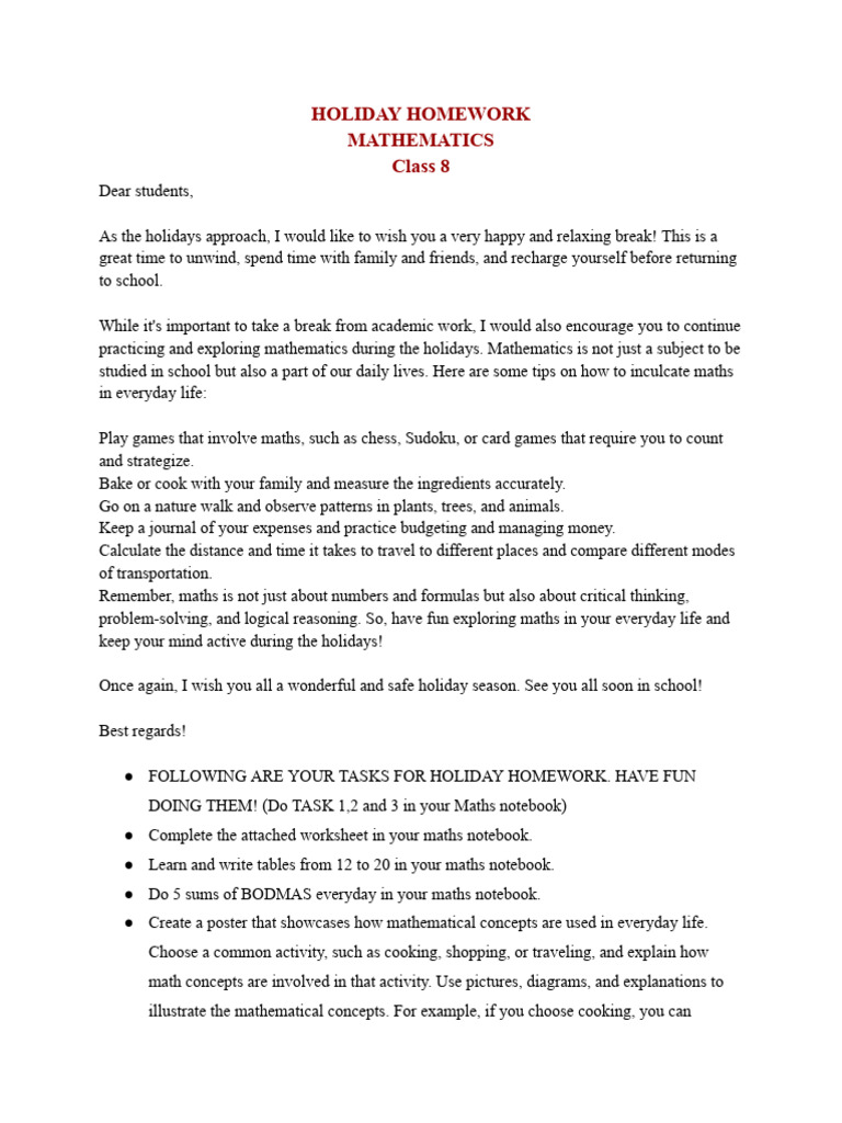Holiday Homework Class 8 | PDF | Mathematics