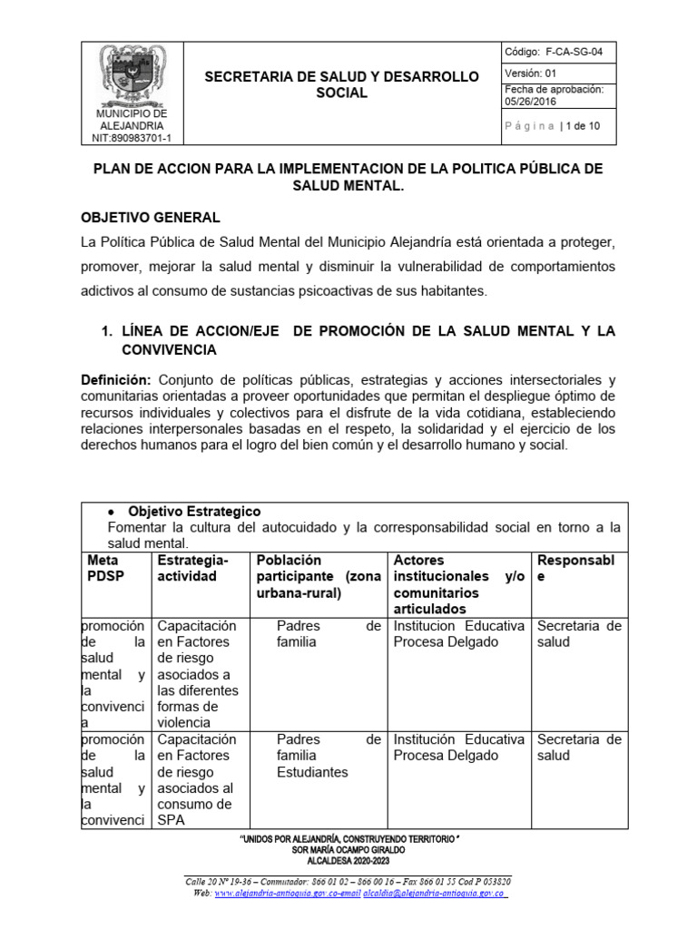 Plan de Acción Salud Mental Alejandría | PDF | Salud mental | Violencia