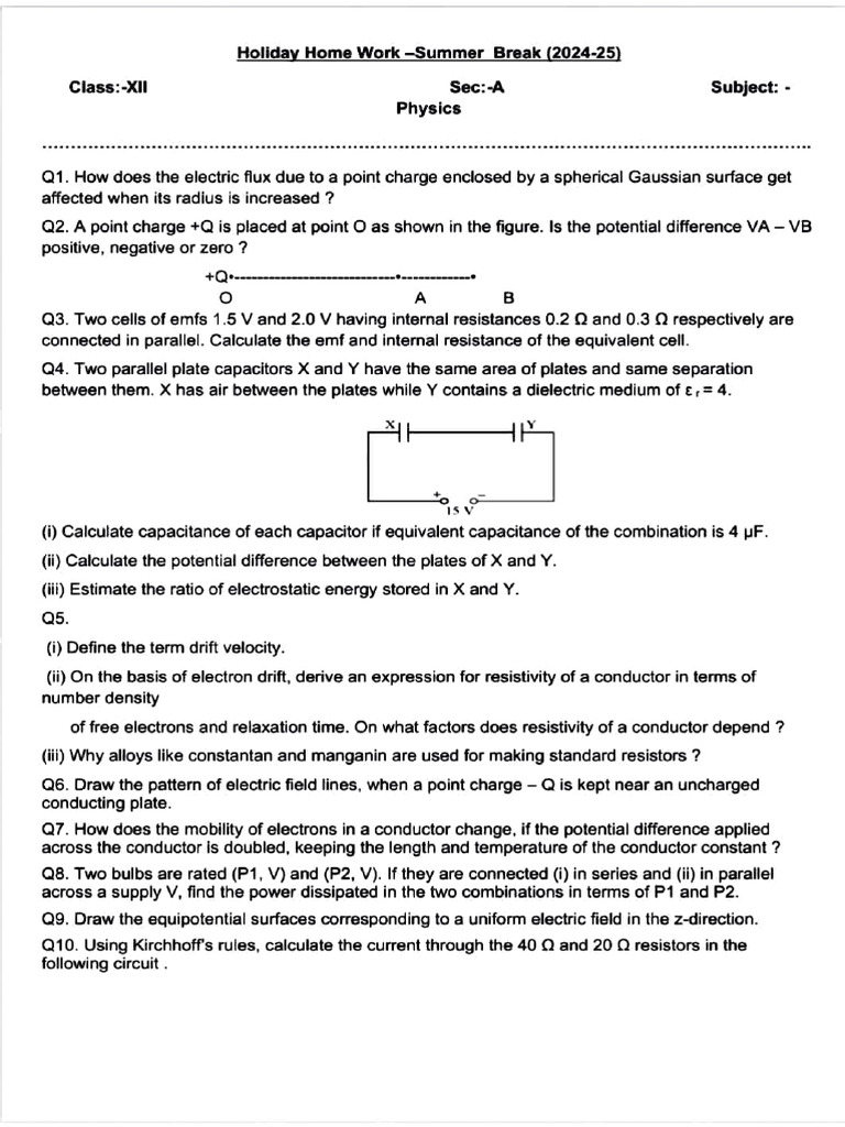 Class - Xiia Holiday Home Work | PDF | Electrical Resistivity And Conductivity | Capacitor