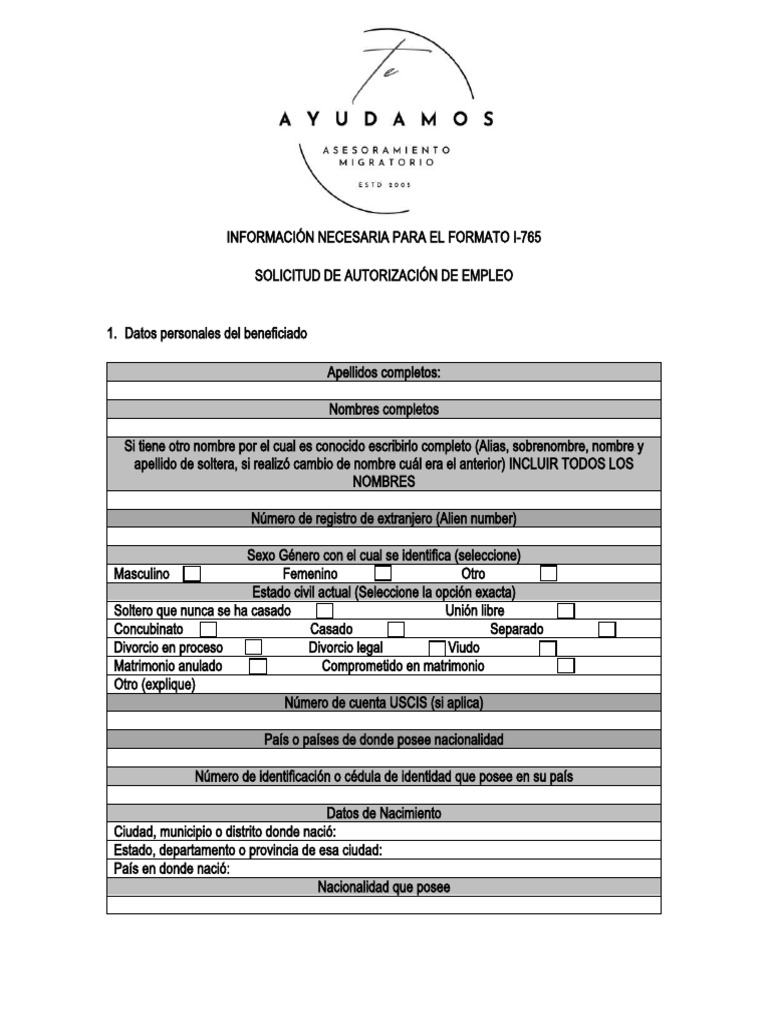 Información Necesaria para El Formato I-765 - Solicitud de Autorización de Empleo | PDF ...