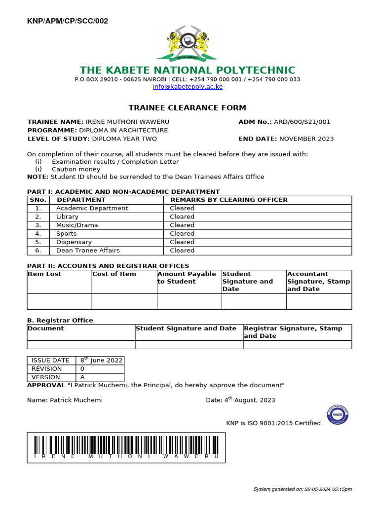 Trainee Clearance Form | PDF