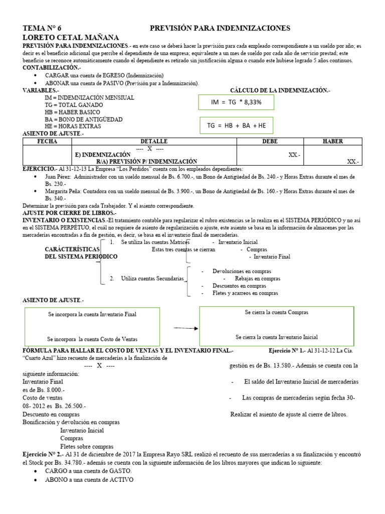 Tema 6 Prevision para Indemnizacion y Cierre de Libros | PDF ...