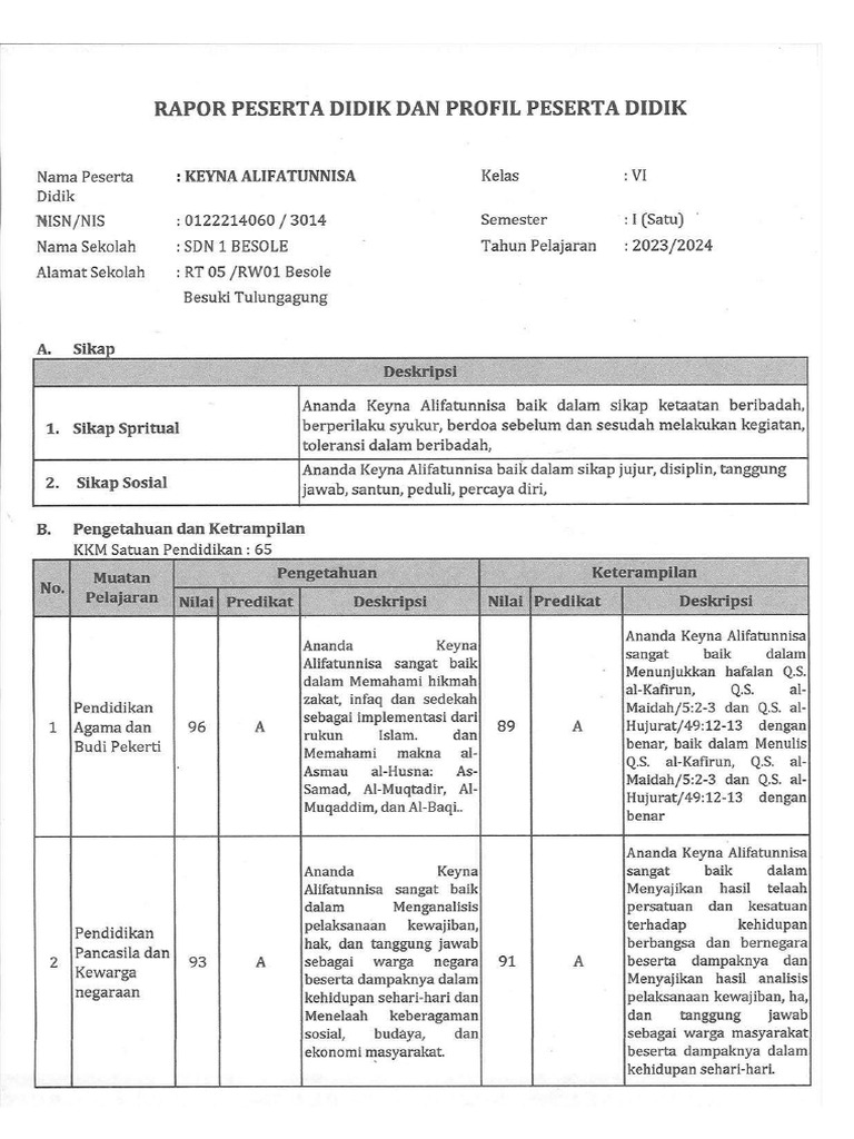Rapot Keyza Semester 1 | PDF
