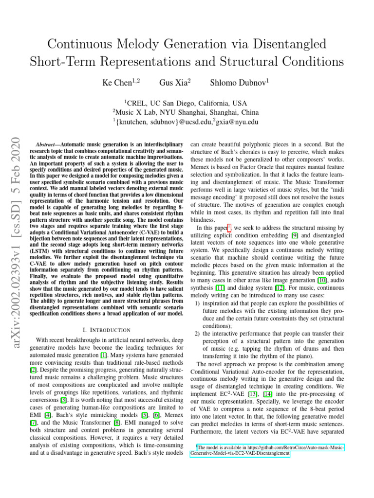 Continuous Melody Generation Via Disentangled Representations | PDF | Music Theory | Musicology