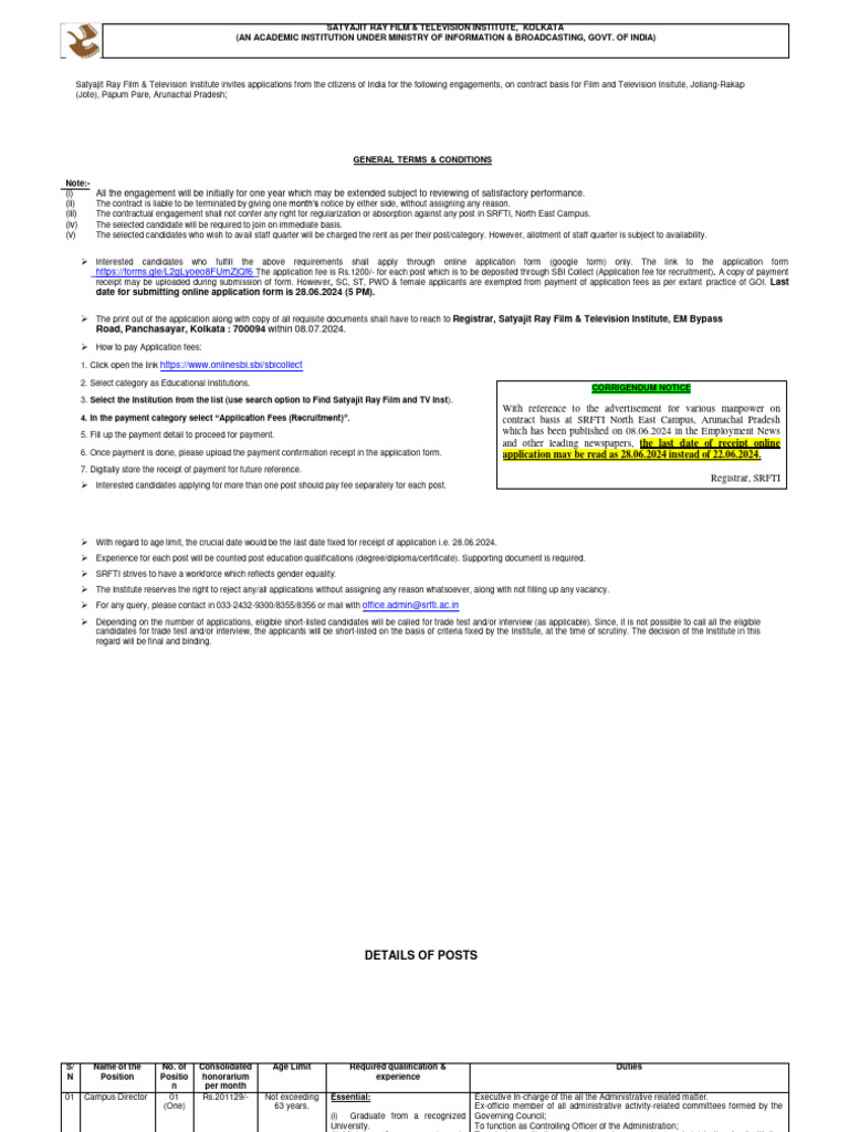 Advertisement For Various Manpower On Contract Basis at FTI Arunachal ...