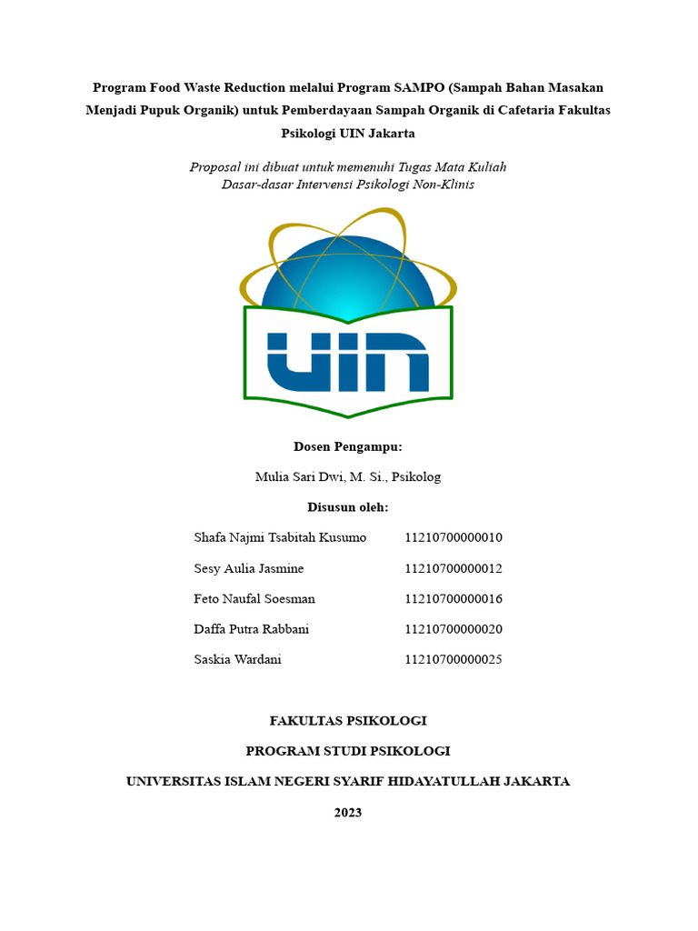 Kelompok 3 (A) - Proposal Intervensi Non-Klinis - Perilaku Food Waste Di Cafetaria UIN Jakarta | PDF