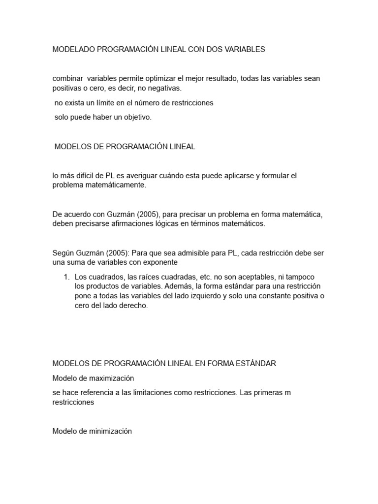 Modelado Programación Lineal Con Dos Variables | PDF | Programación lineal | Ecuaciones