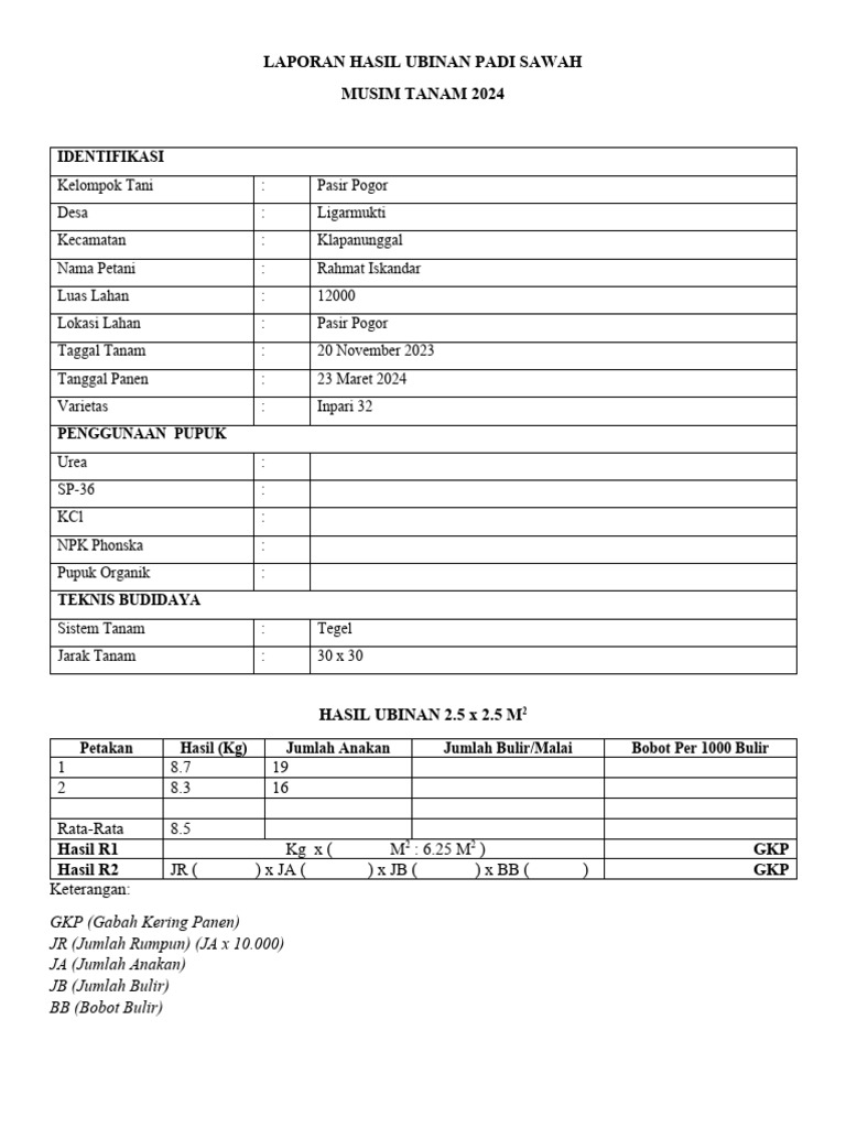 LAPORAN HASIL UBINAN PADI SAWAH | PDF