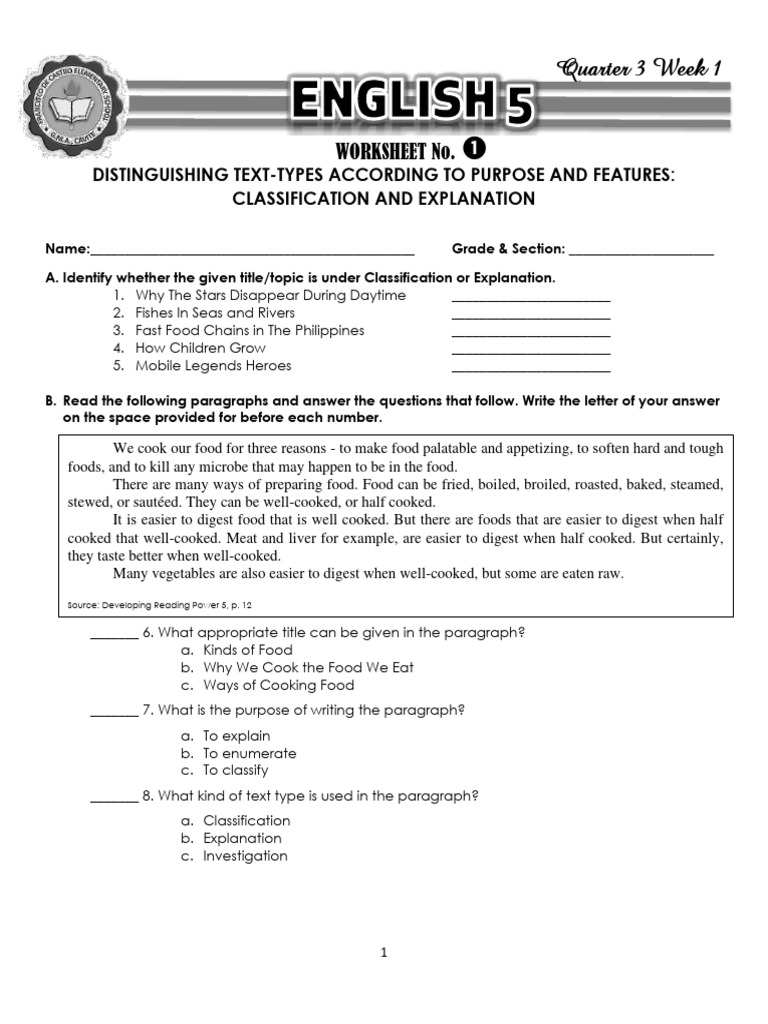 ENGLISH 5 Q3 Week 1 Worksheet | PDF | Foods | Cooking